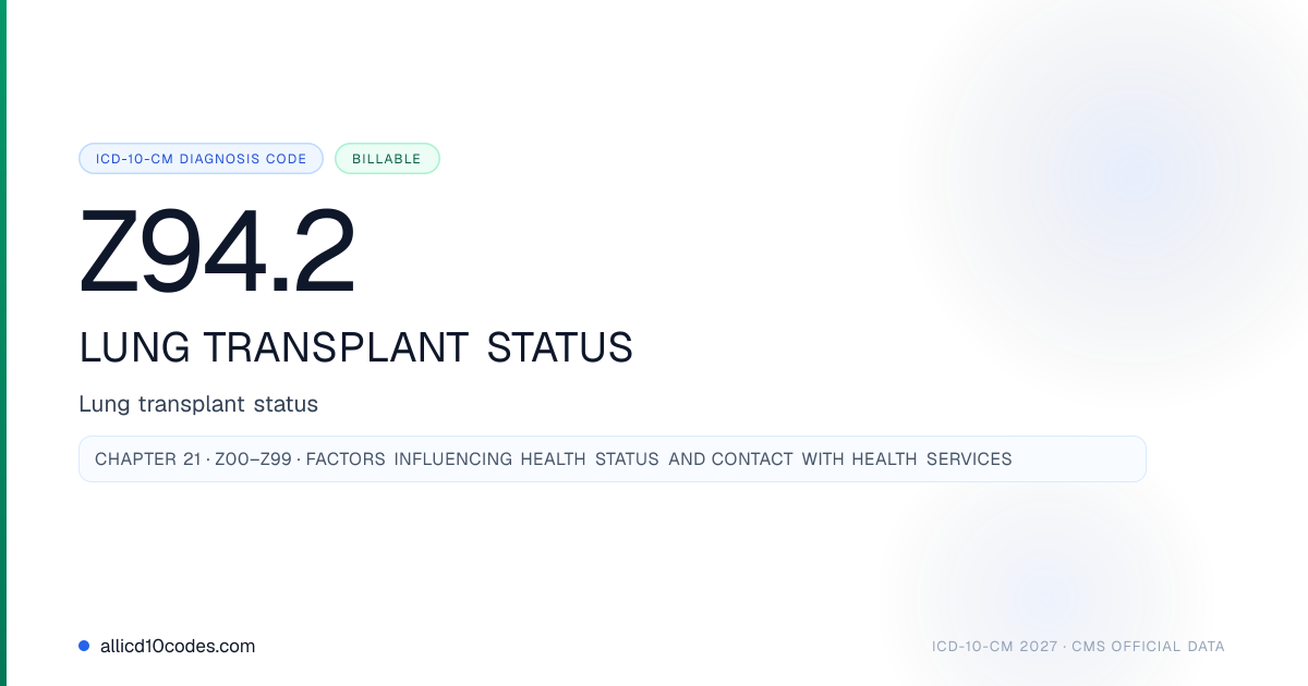 2027 ICD-10-CM Code Z94.2: Lung transplant status (Billable)